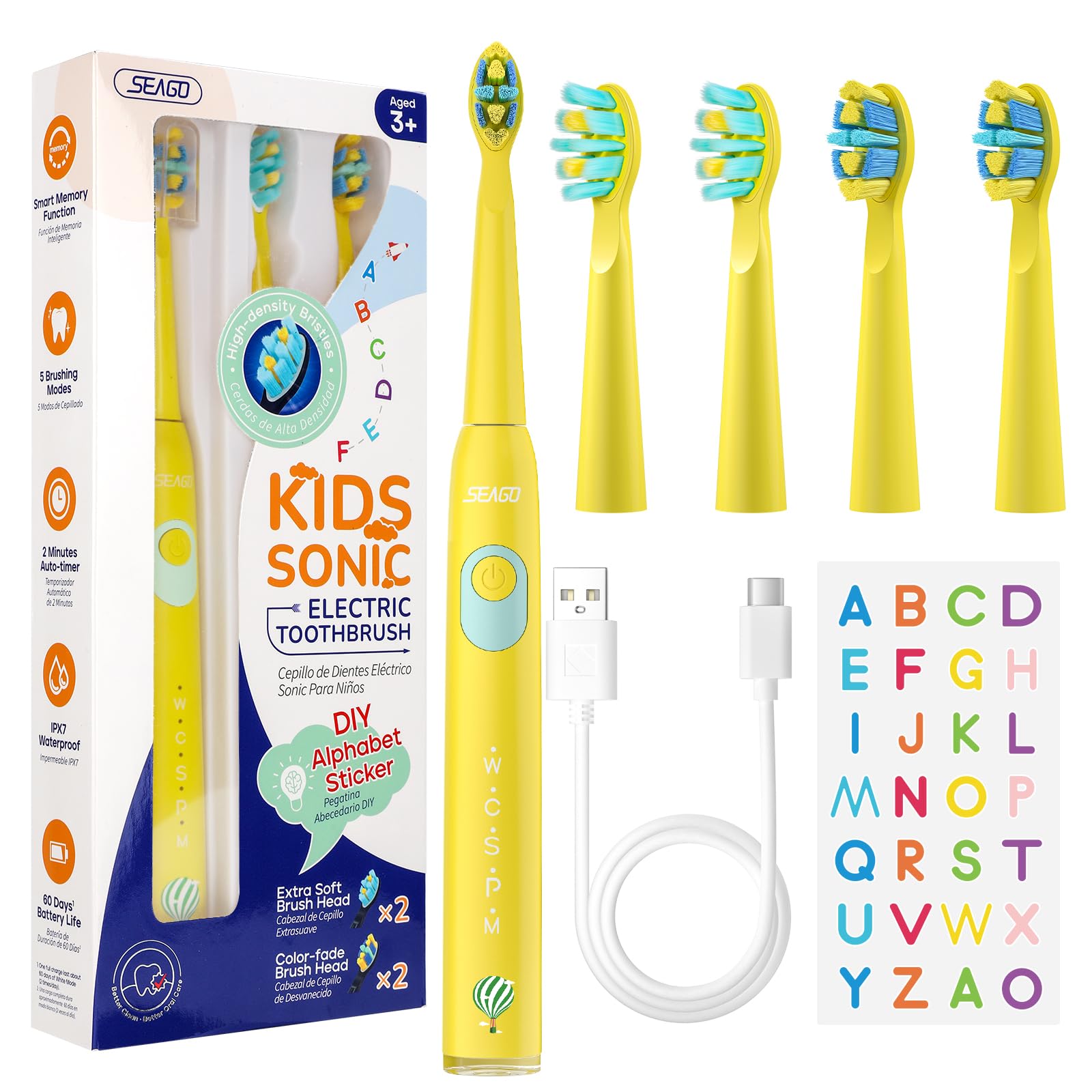 SEAGO Kids Electric Toothbrush, Sonic Soft Bristle Rechargeable Toothbrushes with DIY Stickers, 5 Modes, Includes 4 Replacement Brush Heads, Ages 3 to 12 Years Old (Yellow)