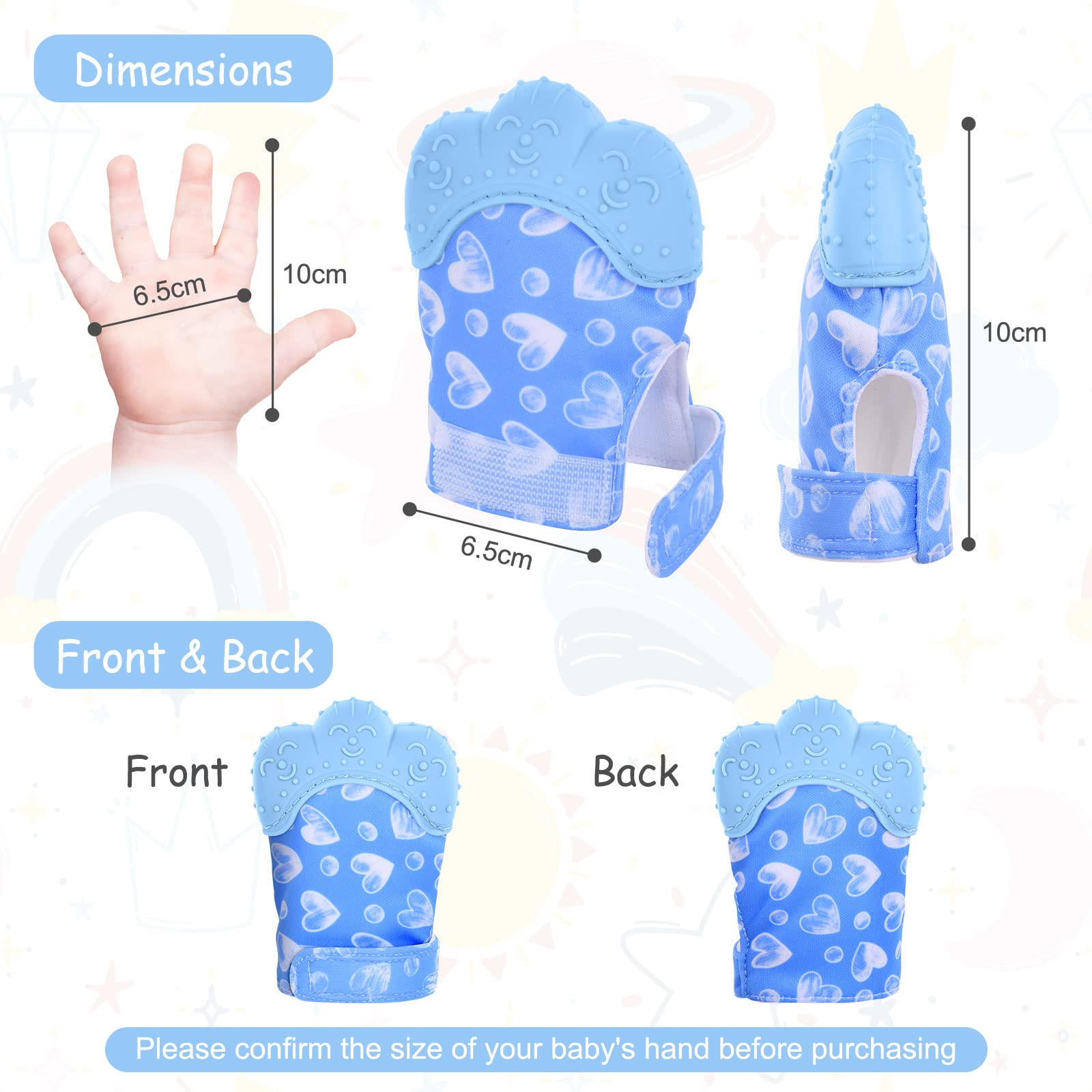 2Pack Silicone Teething Mitt, Soothing Infant Teething Mitten Pain Relief, Prevent Scratches Glove, Safe Silicone Teething Toys for 0-12 Months Blue Heart