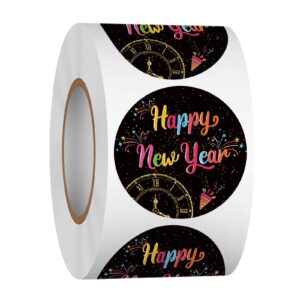 heyfibro 1.5 inches happy new year sticker roll, 500 pcs black new year stickers for kids and adults, winter holiday round labels stickers for gift packing, cards, envelope seals, party supplies