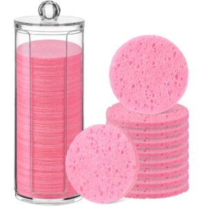 120pcs compressed facial sponges natural face exfoliator disposable face sponges for cleansing round soft facial scrubber pads with storage container for makeup removal esthetician travel (pink)