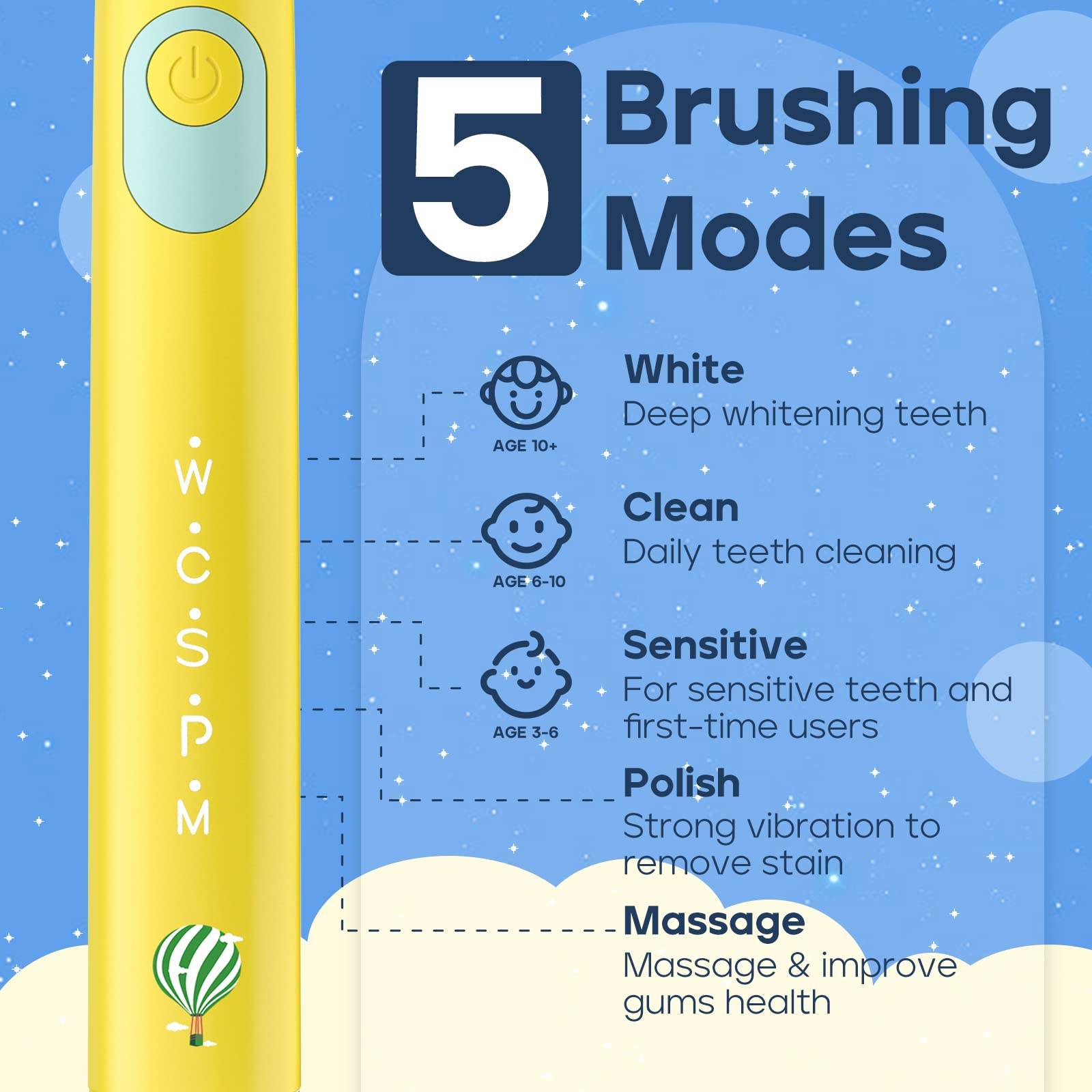 SEAGO Kids Electric Toothbrush, Sonic Soft Bristle Rechargeable Toothbrushes with DIY Stickers, 5 Modes, Includes 4 Replacement Brush Heads, Ages 3 to 12 Years Old (Yellow)