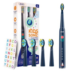 seago kids electric toothbrush, sonic soft bristle rechargeable toothbrushes with diy stickers, 5 modes, includes 4 replacement brush heads, ages 3 to 12 years old (navy)