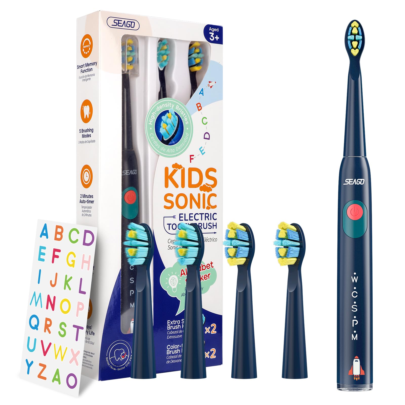 SEAGO Kids Electric Toothbrush, Sonic Soft Bristle Rechargeable Toothbrushes with DIY Stickers, 5 Modes, Includes 4 Replacement Brush Heads, Ages 3 to 12 Years Old (Navy)