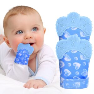 2pack silicone teething mitt, soothing infant teething mitten pain relief, prevent scratches glove, safe silicone teething toys for 0-12 months blue heart