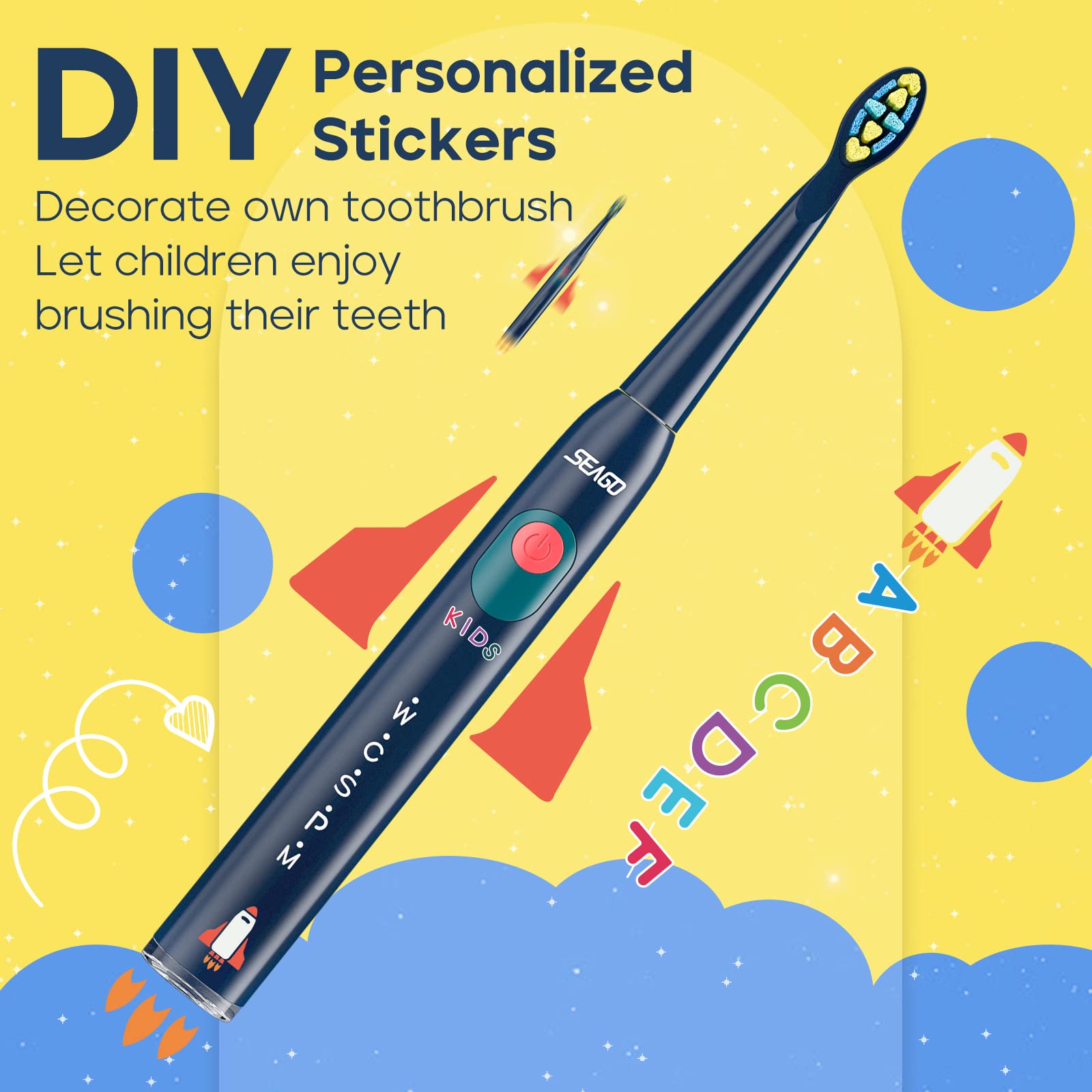 SEAGO Kids Electric Toothbrush, Sonic Soft Bristle Rechargeable Toothbrushes with DIY Stickers, 5 Modes, Includes 4 Replacement Brush Heads, Ages 3 to 12 Years Old (Navy)