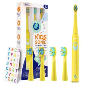 seago kids electric toothbrush, sonic soft bristle rechargeable toothbrushes with diy stickers, 5 modes, includes 4 replacement brush heads, ages 3 to 12 years old (yellow)