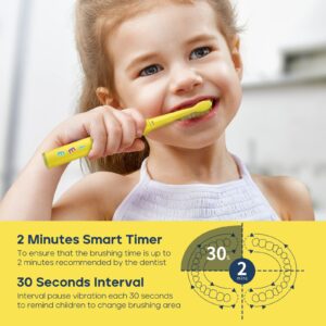 SEAGO Kids Electric Toothbrush, Sonic Soft Bristle Rechargeable Toothbrushes with DIY Stickers, 5 Modes, Includes 4 Replacement Brush Heads, Ages 3 to 12 Years Old (Yellow)