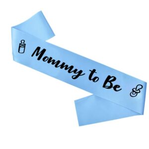 baby shower sash for boy - 'mommy to be' sash with beautiful blue ribbon and black foil text - ideal gender reveal, baby shower, welcome baby, mom to be or baby sprinkle gift, mommy to be sash, mom to