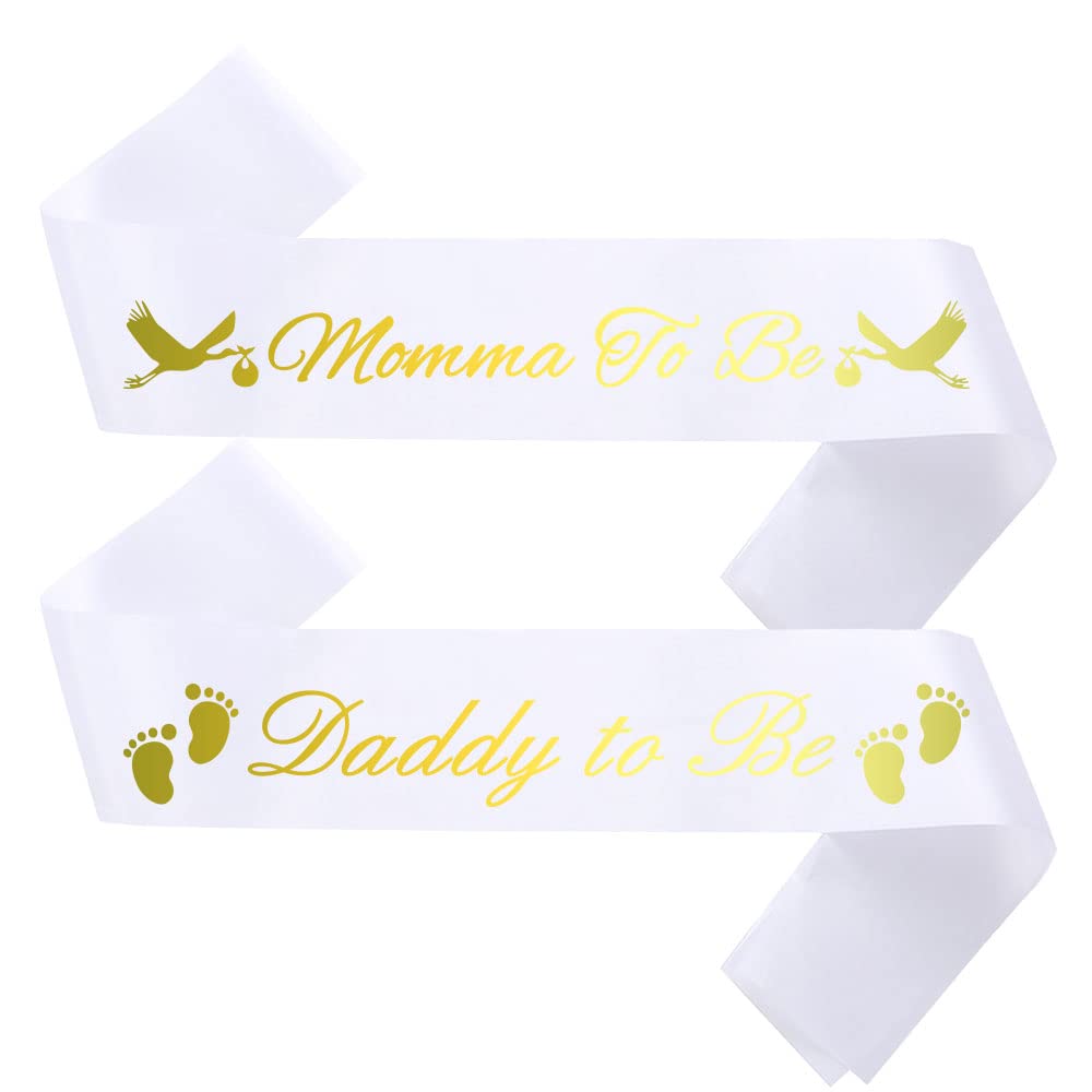 CoolerthingsDG, "Momma To Be" & "Daddy To Be" Baby Shower Sash Bundle, Favors, Mommy Supplies Gender Reveal (White)