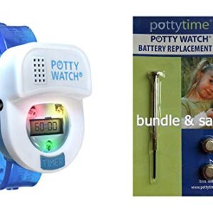 Potty Time:The Original Potty Watch|Water Resistant,Toilet Training Aid,Warranty(30|60|90 Min Auto Timers w/Music & Flashing Lights for Fun & Gentle Reminders) Blue+Savanna Sticker Chart+Battery Kit