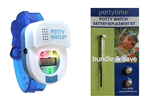 Potty Time:The Original Potty Watch|Water Resistant,Toilet Training Aid,Warranty(30|60|90 Min Auto Timers w/Music & Flashing Lights for Fun & Gentle Reminders) Blue+Savanna Sticker Chart+Battery Kit