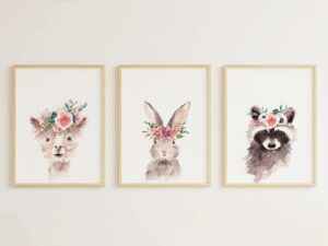 tuyashua cute watercolor animals art print set of 3 (8×10inch), baby animal wall art, nursery room wall decor, nursery decor for girls (unframed) zsh005