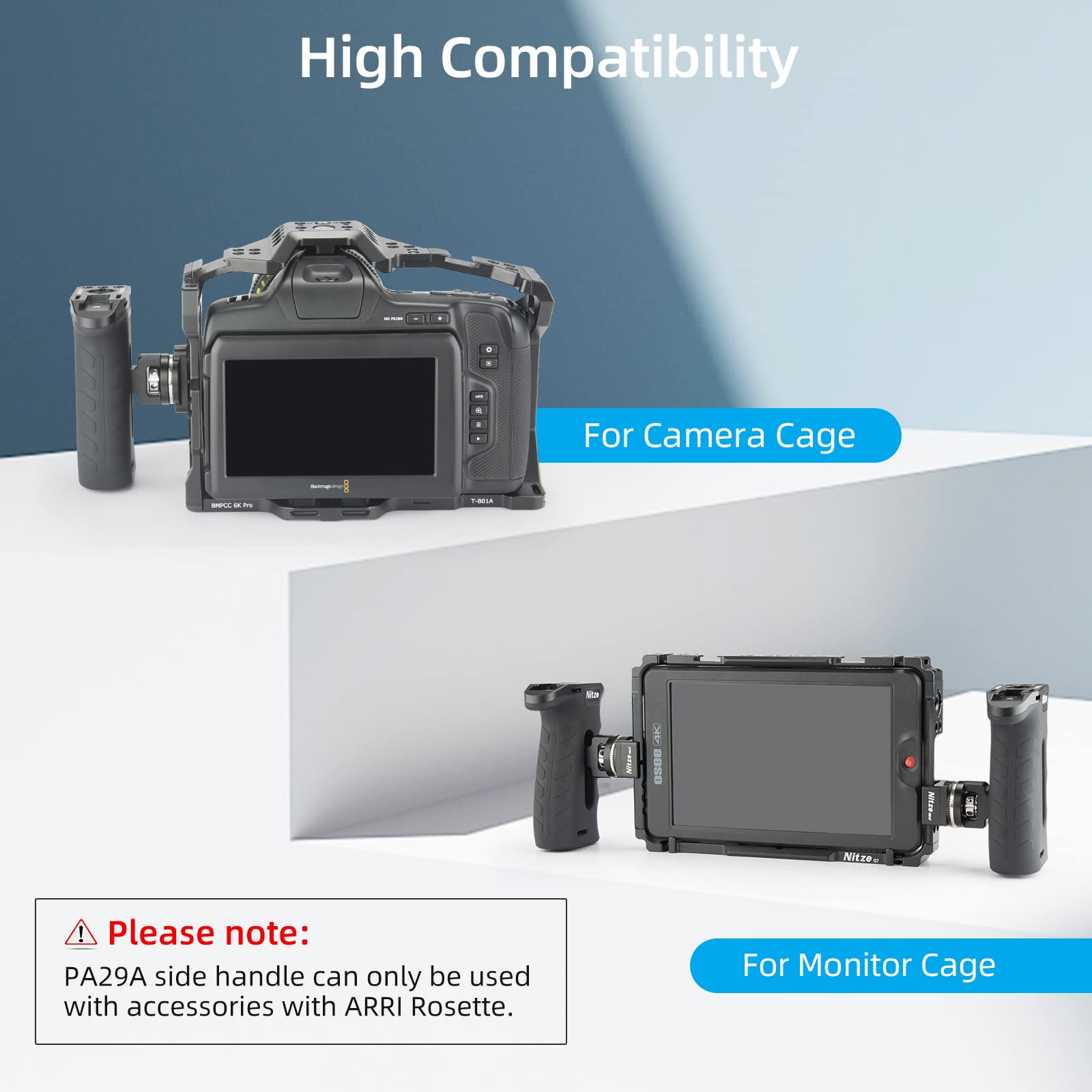 Nitze Ergonomic Side Handle with ARRI Rosette, Up and Down Adjustable Left/Right Side Handle for Camera and Monitor Rigs - PA29A