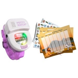 potty time: purple watch & sticker set | water resistant, toilet training aid, warranty included. (automatic timers plays music & flashing lights for fun reminders), purple & savanna sticker cha