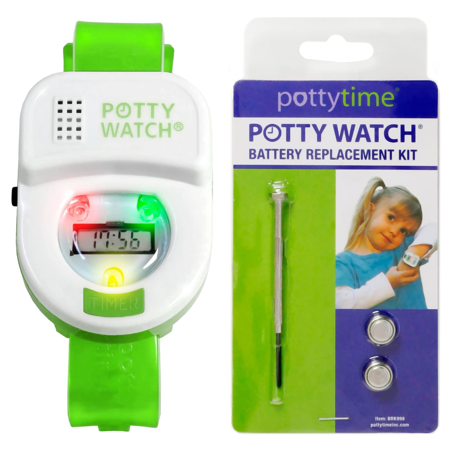 Potty Time:The Original Potty Watch|Water Resistant,Toilet Training Aid,Warranty(30|60|90 Min Auto Timers w/Music & Flashing Lights for Fun & Gentle Reminders) Green, Pond Sticker Chart & Battery Kit