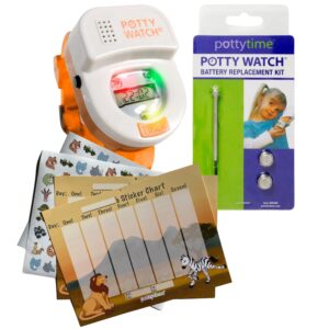 potty time:the original potty watch|water resistant,toilet training aid,warranty(30|60|90 min auto timers w/music & flashing lights for fun & gentle reminders)orange, savanna sticker chart+battery kit