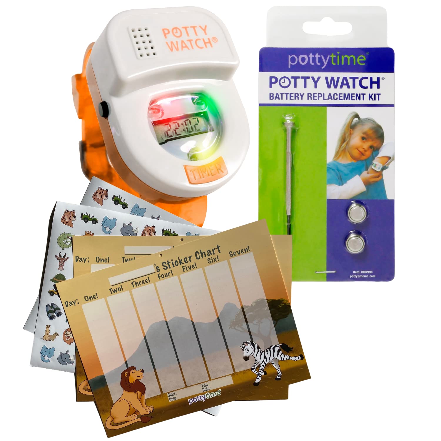 Potty Time:The Original Potty Watch|Water Resistant,Toilet Training Aid,Warranty(30|60|90 Min Auto Timers w/Music & Flashing Lights for Fun & Gentle Reminders)Orange, Savanna Sticker Chart+Battery Kit