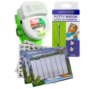 potty time:the original potty watch|water resistant,toilet training aid,warranty(30|60|90 min auto timers w/music & flashing lights for fun & gentle reminders) green, pond sticker chart & battery kit