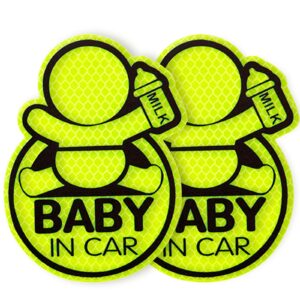 gikop baby on board sticker for cars (2 pack),5.5" by 4"bright yellow,baby on board reflective,baby in car sticker for cars,car decals,kids on board car sticker