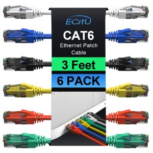 cat6 patch cables 3 feet (6 pack), cat 6 ethernet cable, 24awg cca cord, utp network, internet cable, compatible for pc, laptop, routers, switches, servers, printers, rj45 lan with 25 cable ties - 3ft