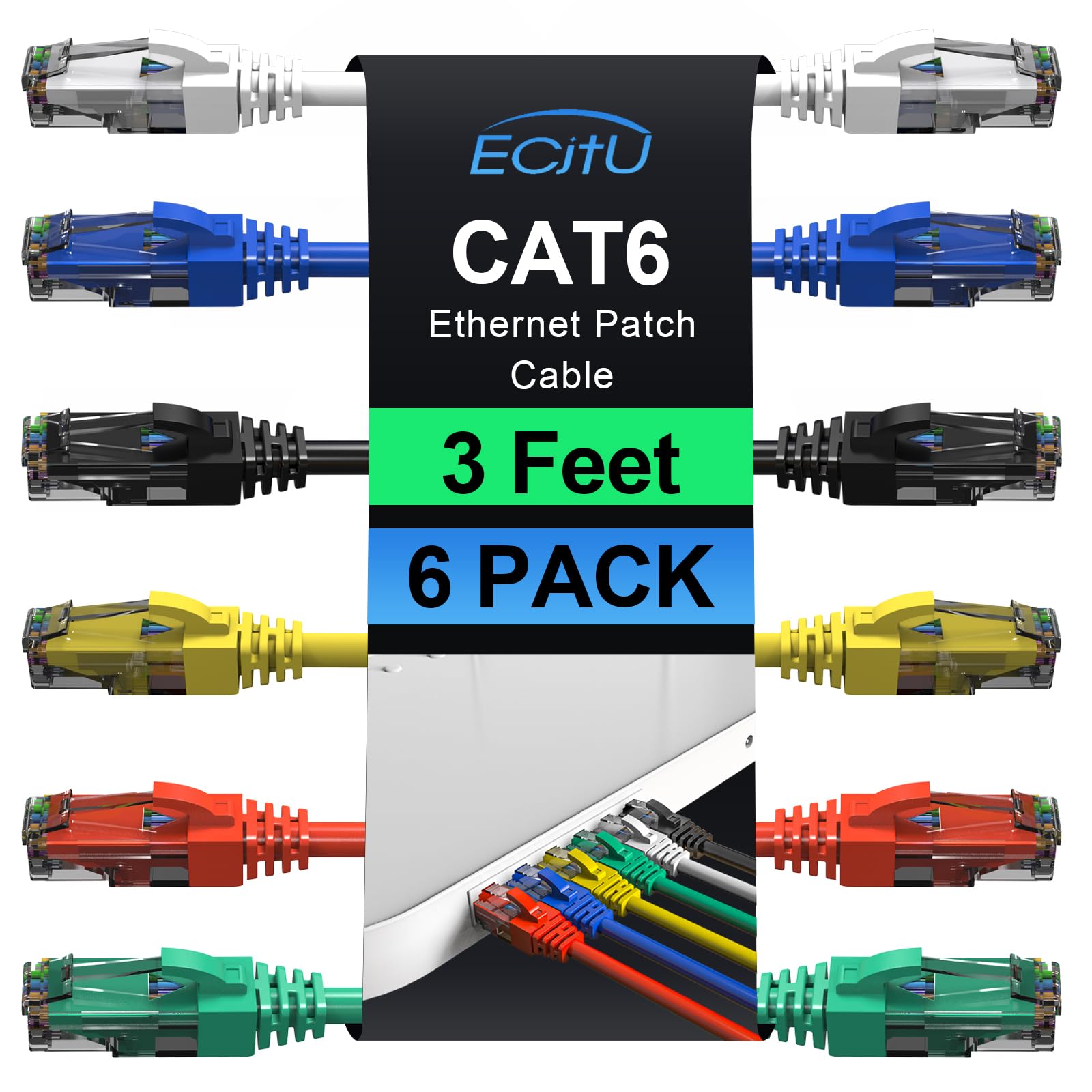 Cat6 Patch Cables 3 Feet (6 Pack), Cat 6 Ethernet Cable, 24AWG CCA Cord, UTP Network, Internet Cable, Compatible for PC, Laptop, Routers, Switches, Servers, Printers, RJ45 LAN with 25 Cable Ties - 3FT