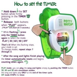 Potty Time:The Original Potty Watch|Water Resistant,Toilet Training Aid,Warranty(30|60|90 Min Auto Timers w/Music & Flashing Lights for Fun & Gentle Reminders) Green,Space Sticker Chart & Battery Kit