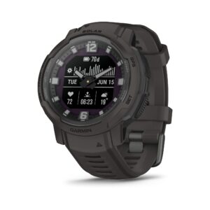 garmin instinct crossover solar, rugged hybrid smartwatch with solar charging capabilities, analog hands and digital display, graphite, adjustable