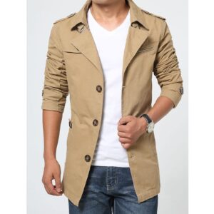 Maiyifu-GJ Men's Cotton Trench Coat Slim Fit Single Breasted Windproof Long Jacket Fall Casual Business Windbreaker Overcoat (Dark Khaki,5X-Large)