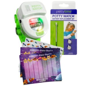 potty time:the original potty watch|water resistant,toilet training aid,warranty(30|60|90 min auto timers w/music & flashing lights for fun & gentle reminders) green,space sticker chart & battery kit