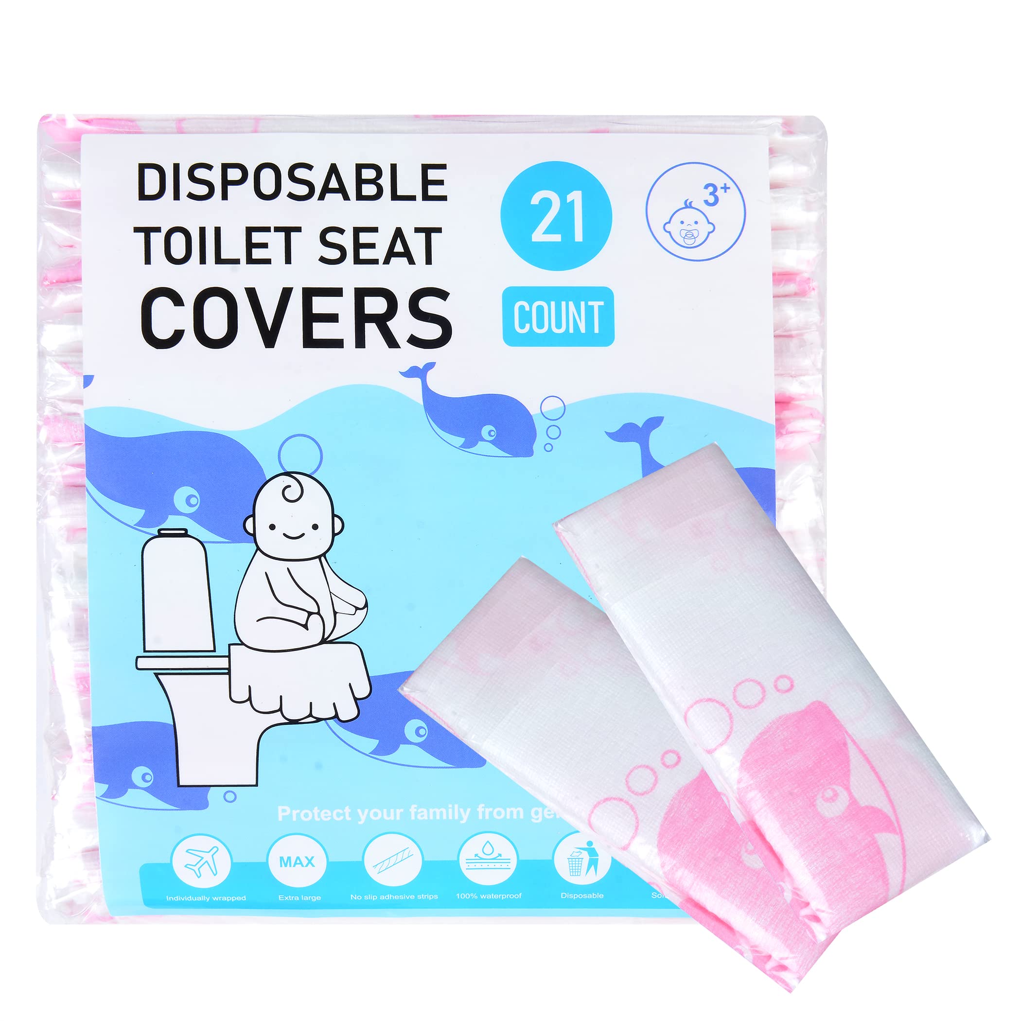 21 Pack Toilet Seat Covers Disposable, Extra Large Disposable Toilet Seat Covers for Adults, Individually Wrapped Potty Training Liners with Non-Slip Adhesives for Kids in Home, Restrooms&Travel -Pink