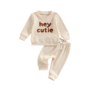 toddler baby girl boy fall winter waffle outfit set letter printed long sleeve sweatshirt tops + pants (apricot, 6-12 months)