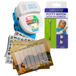 potty time:the original potty watch|water resistant,toilet training aid,warranty(30|60|90 min auto timers w/music & flashing lights for fun & gentle reminders) blue+savanna sticker chart+battery kit