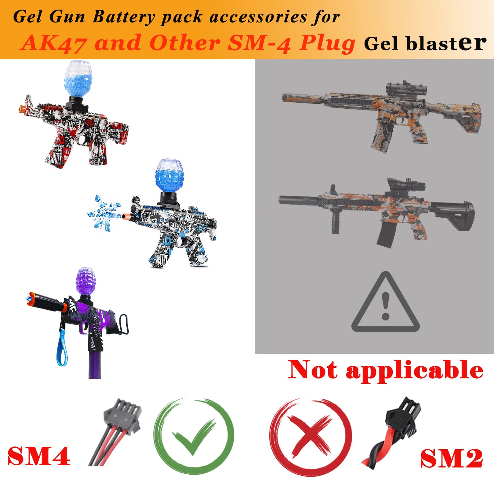 BTEDZSW Gel Blaster Battery 2 Pack 7.4V 1200mAh Li-ion Rechargerable Battery with SM-4P Plug and Charger Cable for Splatter Ball Gun