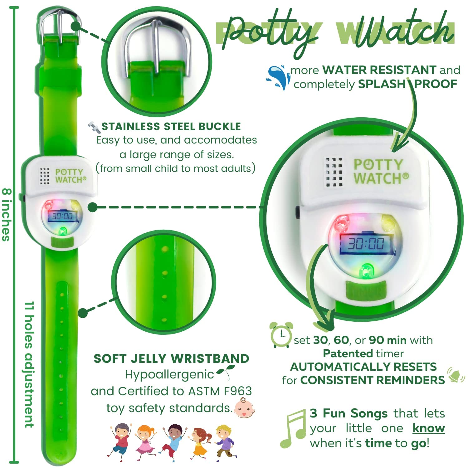 Potty Time:The Original Potty Watch|Water Resistant,Toilet Training Aid,Warranty(30|60|90 Min Auto Timers w/Music & Flashing Lights for Fun & Gentle Reminders) Green,Space Sticker Chart & Battery Kit