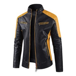 maiyifu-gj mens motorcycle vintage pu stand collar coat fleece lined faux leather jacket zip up slim fit biker jacket outwear (yellow,small)