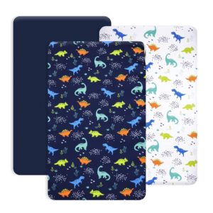 phf 3 pack soft mini crib sheets, dinosaur silky pack n play sheets for baby boys girls, universal fit for pack n play, playard, portable and mini crib mattresses,navy dinosaur