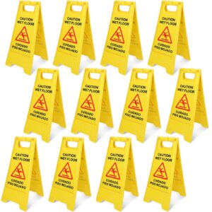 macarrie 12 pack caution wet floor sign wet floor double sided signs cuidado piso mojado foldable bilingual alert sign for commercial use indoors outdoors, 11.5 x 23.62 inches (classic style)