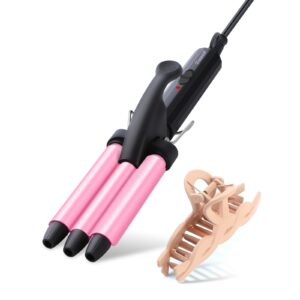 mini three barrel curling iron, small curling wand 1/2 inch for home and travel, ceramic tourmaline add shine to waves, youuish dual voltage hair crimper, pink