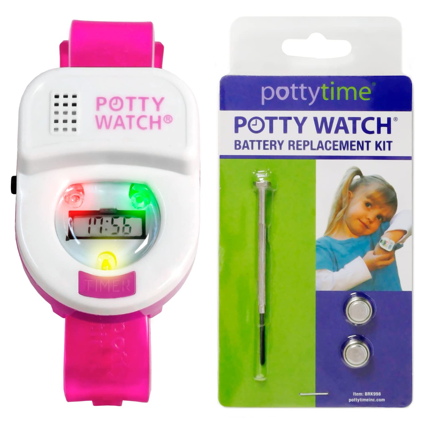 Potty Time:The Original Potty Watch|Water Resistant,Toilet Training Aid,Warranty(30|60|90 Min Auto Timers w/Music & Flashing Lights for Fun & Gentle Reminders) Pink, Pond Sticker Chart & Battery Kit