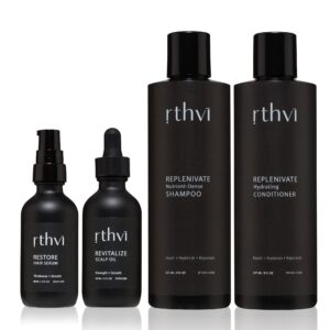 rthvi hair wellness routine with hair growth oil, thickening hair serum, nutrient dense shampoo & hydrating conditioner