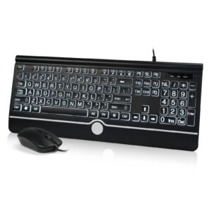 wired keyboard and mouse combo - large print light up keyboard, kopjippom usb silent wired backlit keyboard and optical mouse for windows, pc, laptop - easy to see, usb play and plug