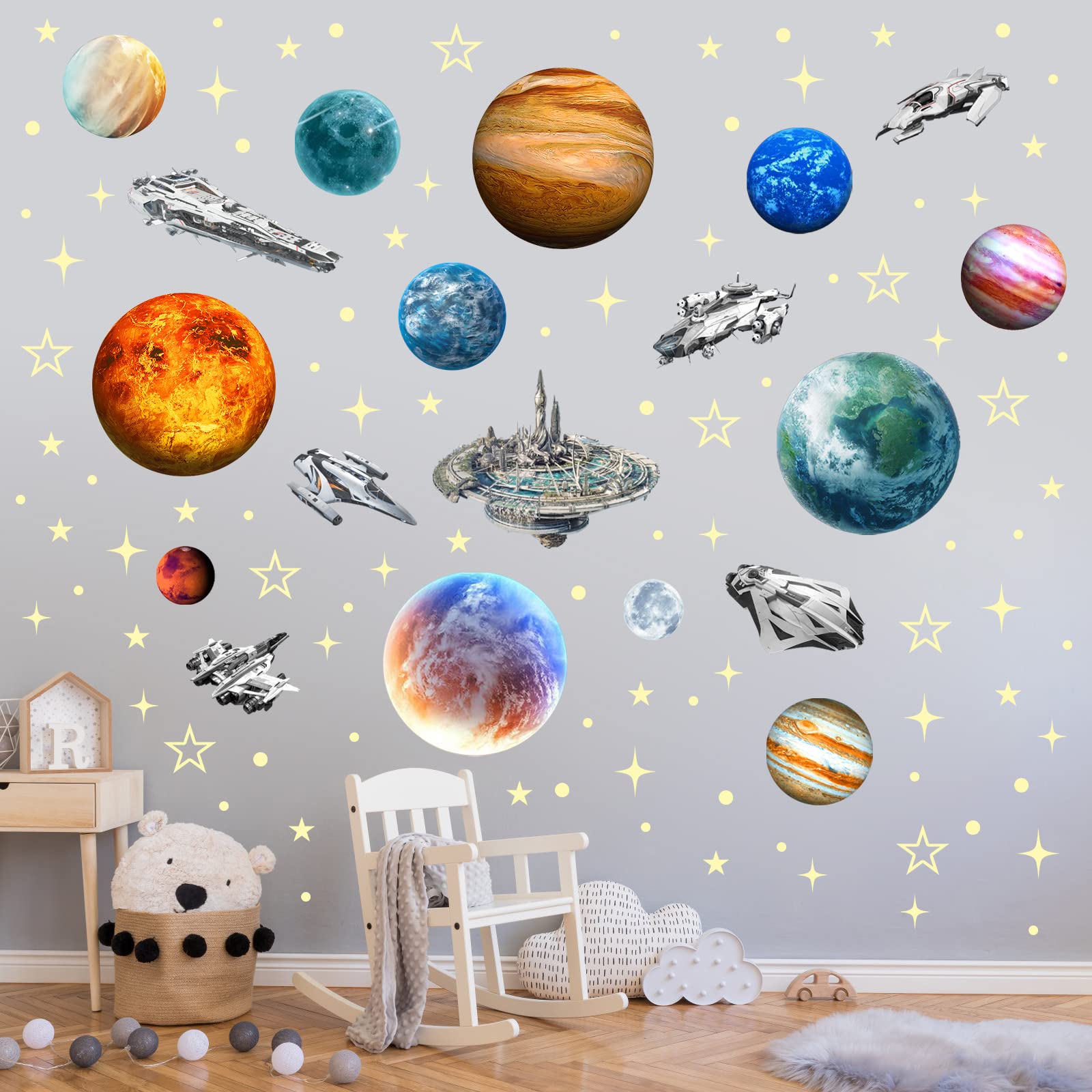 Glow in The Dark Stars Stickers for Ceiling,Planet Kids Wall Stickers for Boys and Girls Bedroom Decor,Solar System Kids Wall Decals for Kids Room Decorations