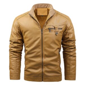 maiyifu-gj men vintage stand collar leather jacket faux leather fleece lined motorcycle jacket lightweight pu zip up outwear (yellow 2,3x-large)