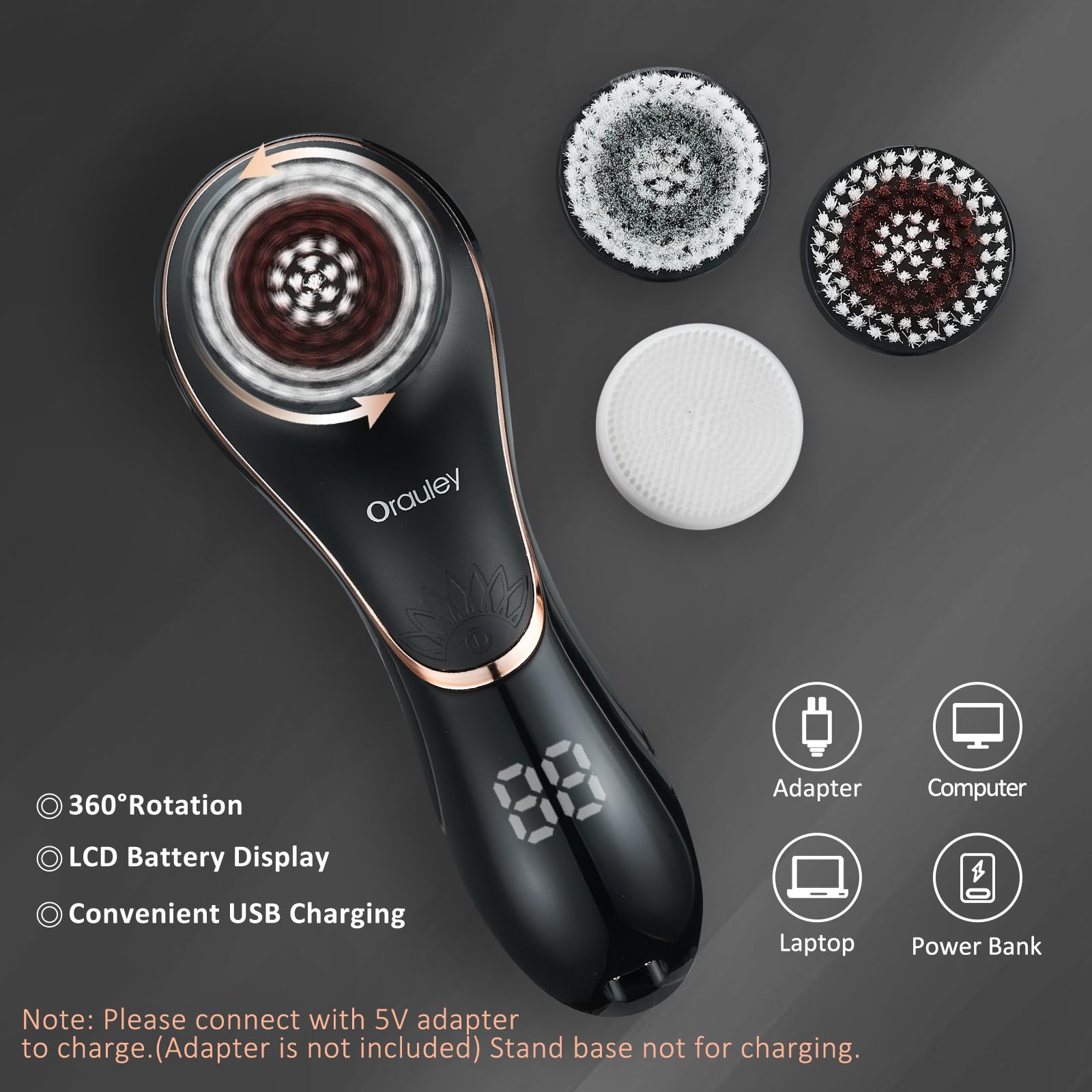 Facial Cleansing Brush, Electric Face Scrubber Rechargeable Exfoliator IPX-7 Waterproof Rotating Cleanser for Exfoliating, Massaging and Deep Cleansing for Women & Men with 4 Brush Heads Black