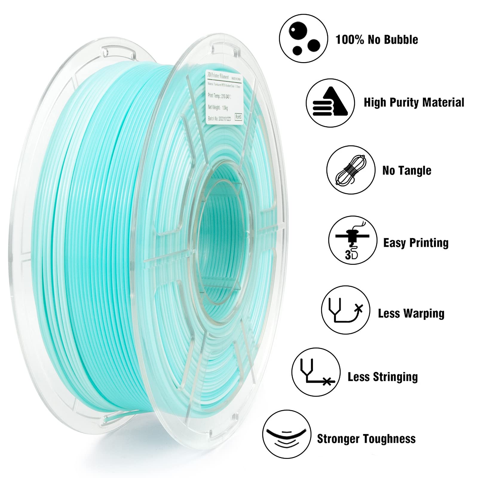 IEMAI PETG Filament 1.75mm, High-Speed 3D Printer Filament for 30-600mm/s Fast Printing, Color Change Blue & White Gradient Filament, Translucent PETG Filament 1kg(2.2lbs) Spool