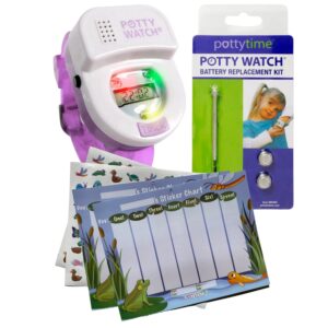 potty time:the original potty watch|water resistant,toilet training aid,warranty(30|60|90 min auto timers w/music & flashing lights for fun & gentle reminders)purple, pond sticker chart & battery kit