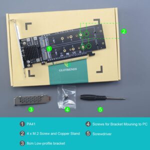 GLOTRENDS PA41 Quad M.2 NVMe to PCIe 4.0 X16 Adapter Without PCIe Bifurcation Function, Support 22110/2280/2260/2242/2230 Size (PCIe Bifurcation Motherboard is Required)