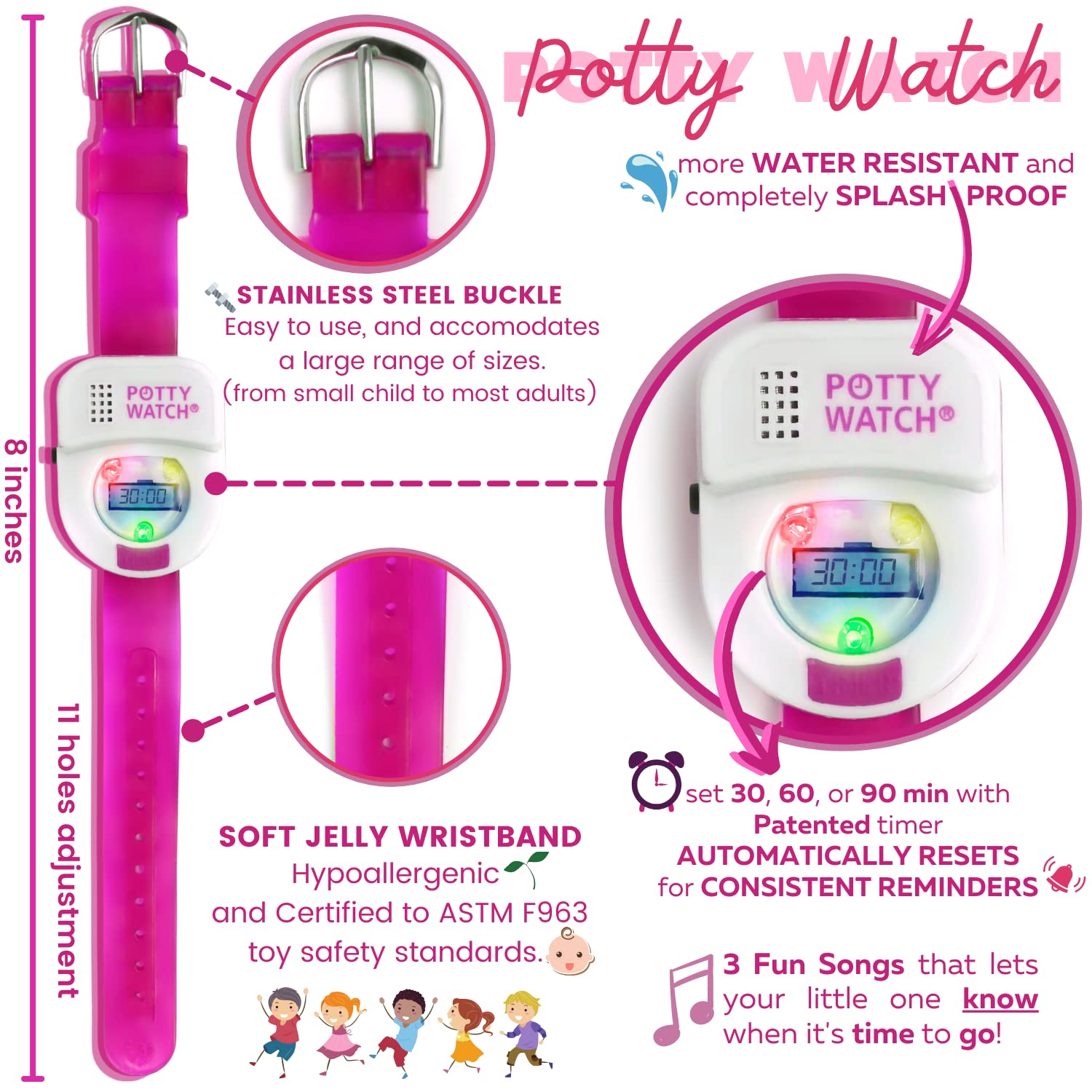 Potty Time:The Original Potty Watch|Water Resistant,Toilet Training Aid,Warranty(30|60|90 Min Auto Timers w/Music & Flashing Lights for Fun & Gentle Reminders) Pink, Pond Sticker Chart & Battery Kit