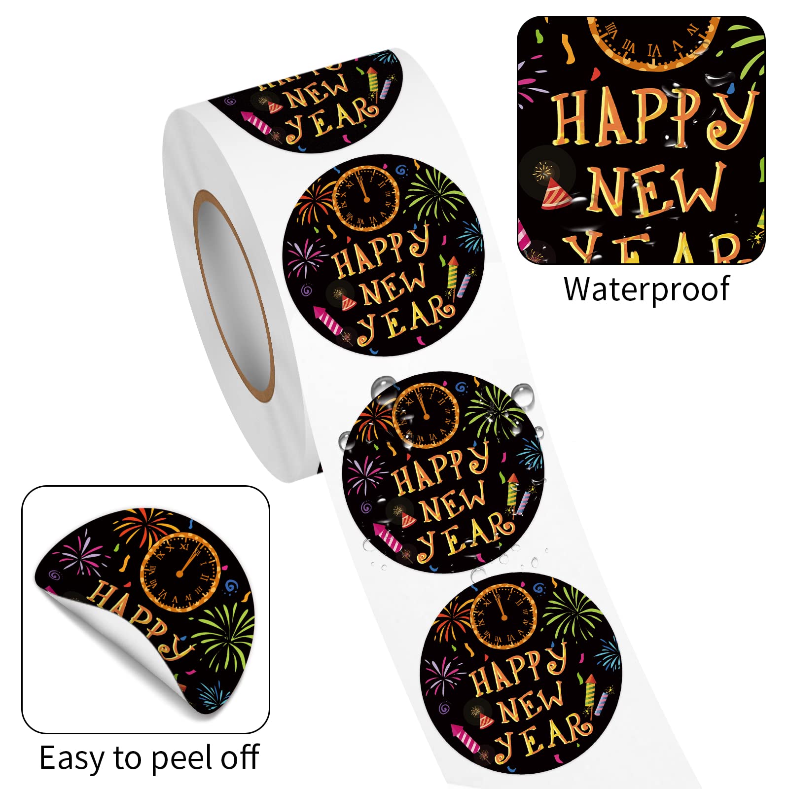 Acetiamin 500 Pcs Happy New Year Stickers for Kids and Adults, 1.5 Inches Round New Year Labels Roll, Happy Winter Holiday Stickers for Greeting Cards, Gift Boxes, Party Favors