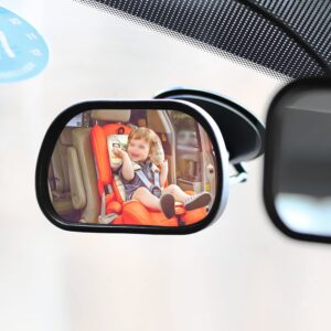 yonput 1 pack car baby rearview mirror, 2 in 1 auto baby observation mirror, 3.5in x 2.3in wide angle convex 360 degrees adjustable suction cup auxiliary mirror, universal aafety accessories (black)